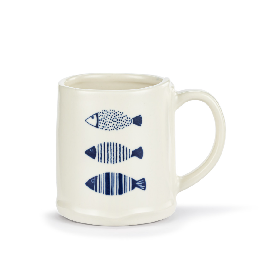 Blue & White Fish Ceramic Mug – 14oz Coastal Coffee Mug | Daisy Trading ...